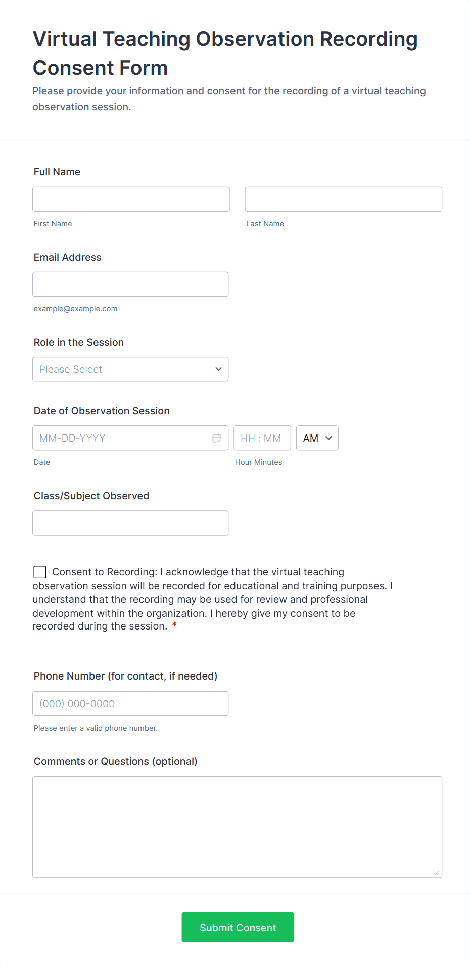 Virtual Teaching Observation Recording Consent Form Template | Jotform
