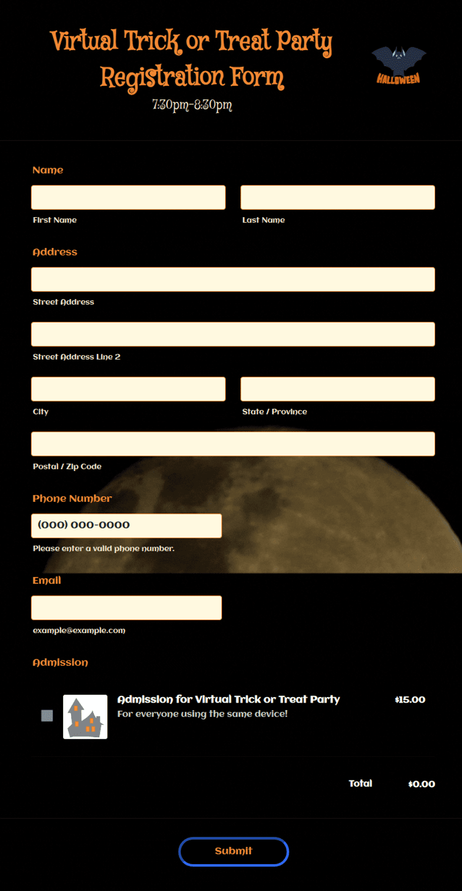 Virtual Trick or Treat Party Registration Form Template | Jotform