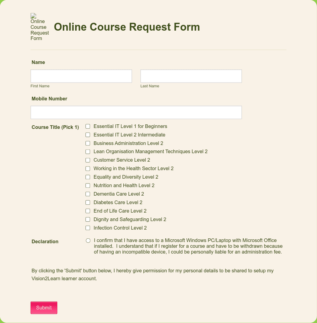 Vision 2 Learn Course Request & Declaration Form Template | Jotform