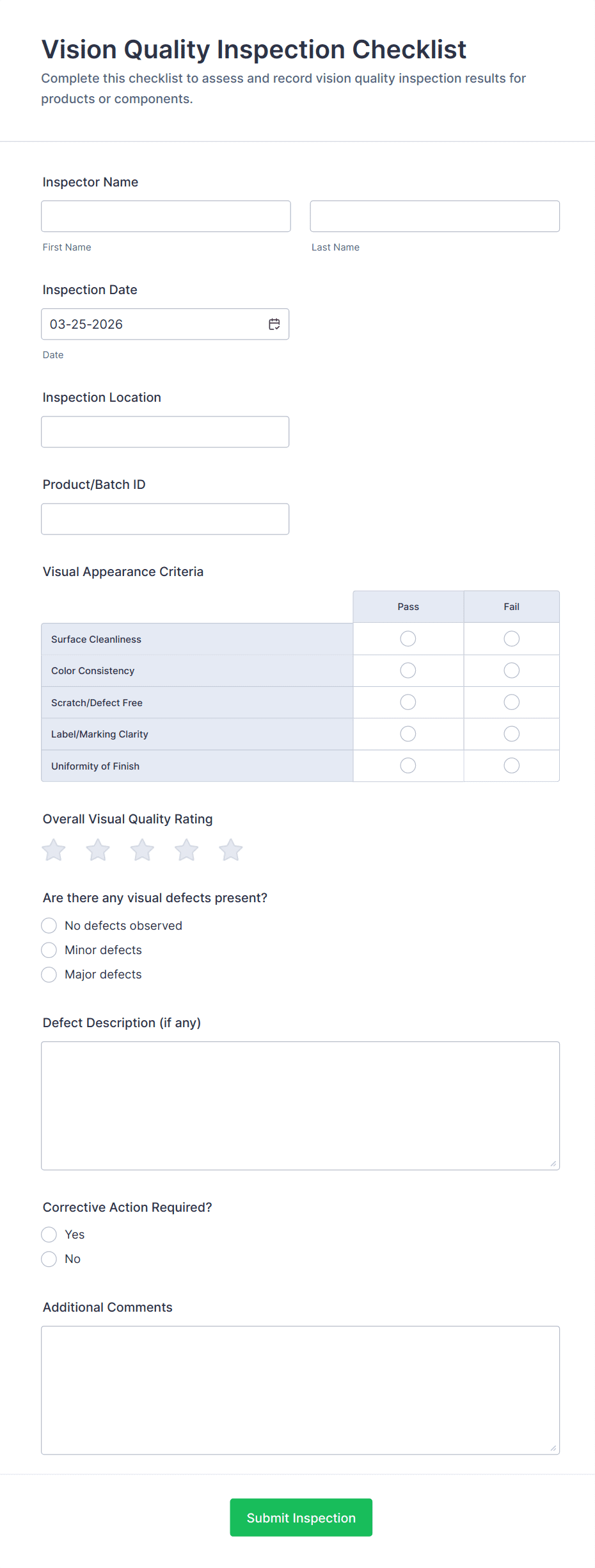 Vision Quality Inspection Checklist Form Template | Jotform