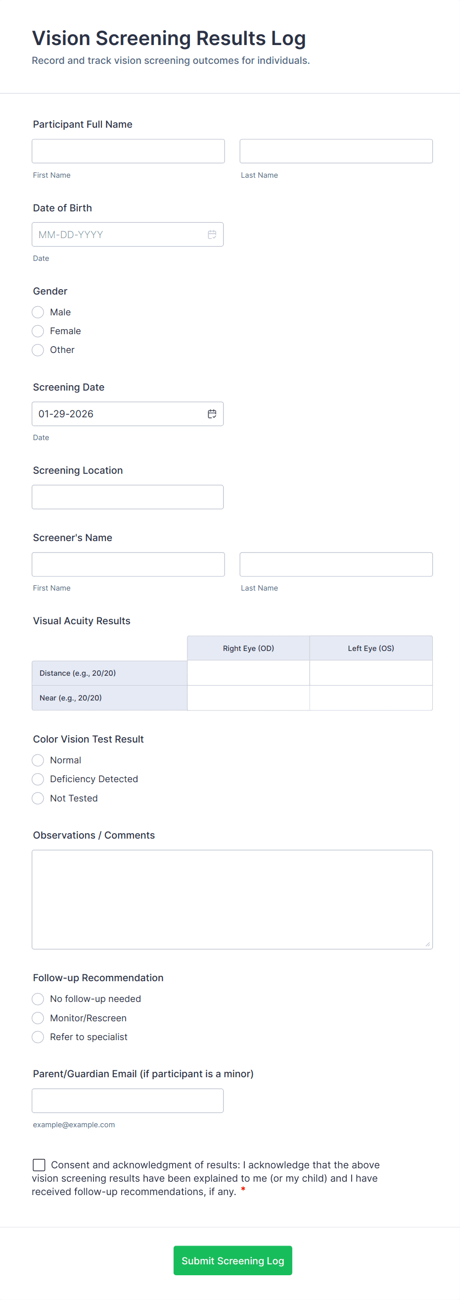 Vision Screening Results Log Form Template | Jotform
