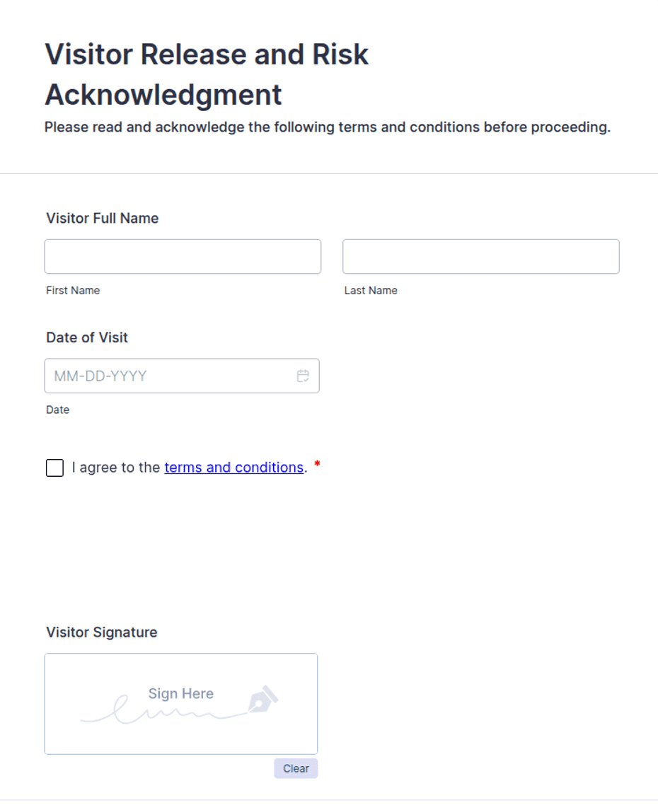 Visitor Release and Risk Acknowledgment Form Template | Jotform