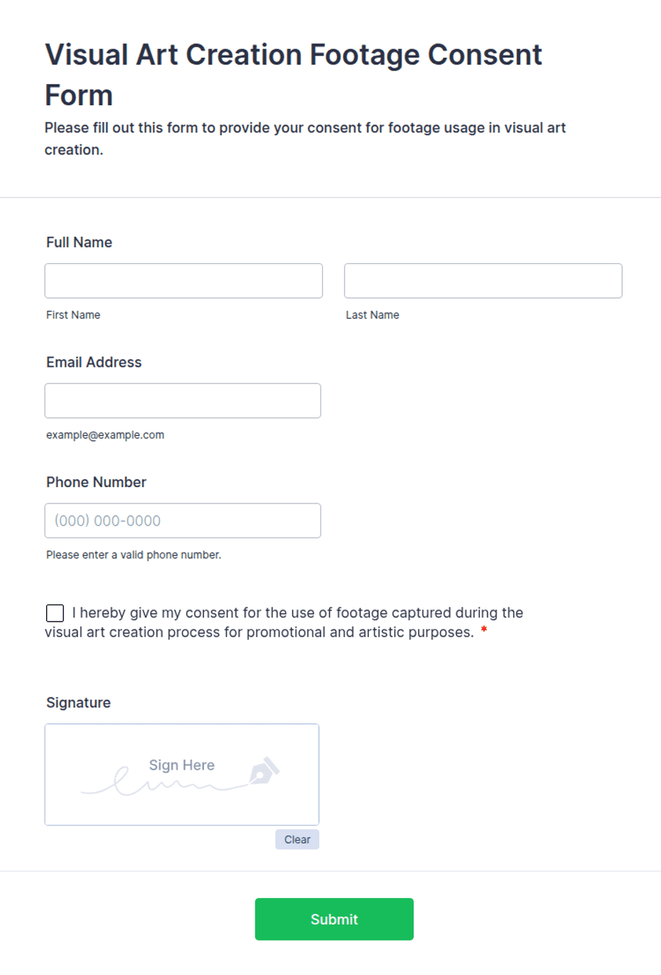 Visual Art Creation Footage Consent Form Template | Jotform