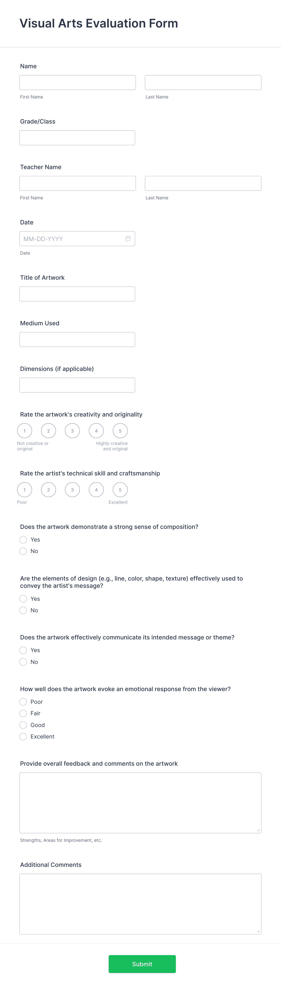 Visual Arts Evaluation Form Template | Jotform