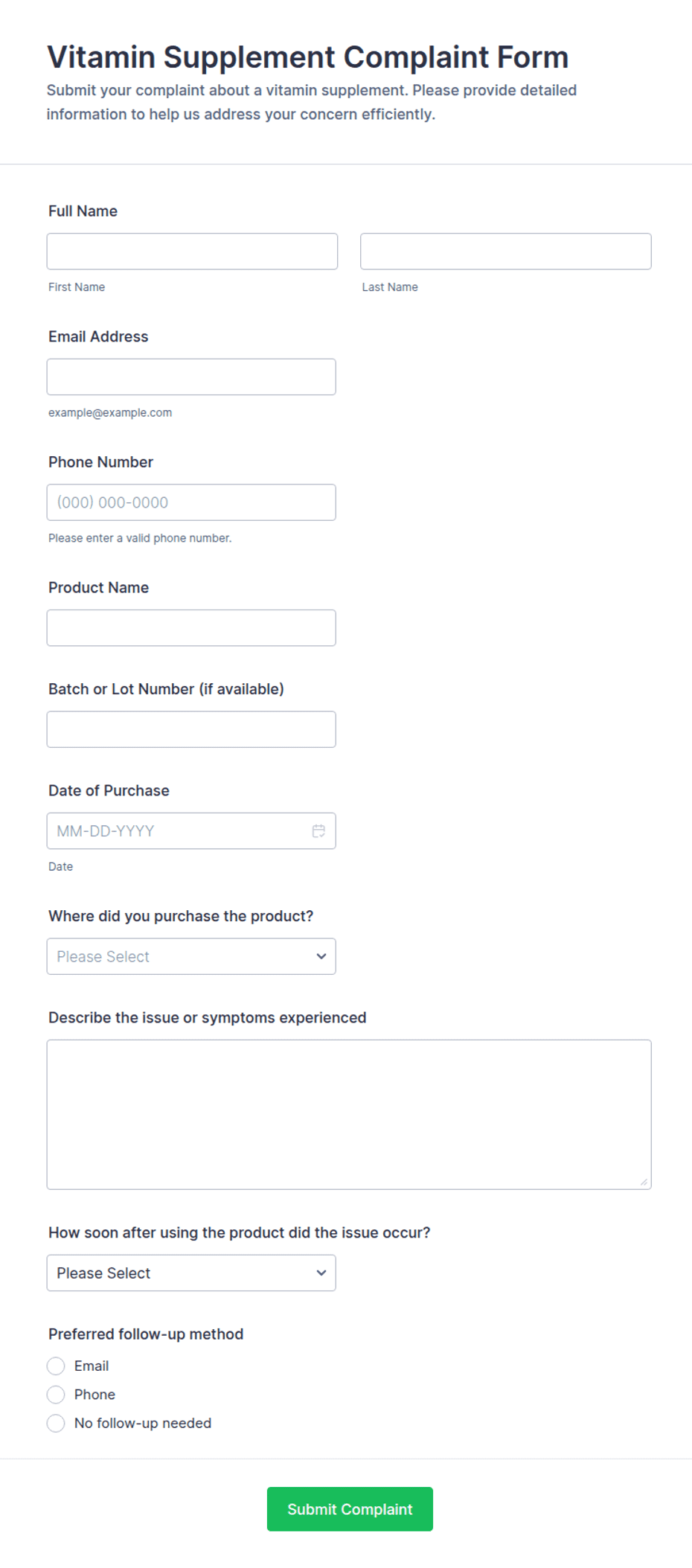 Vitamin Supplement Complaint Form Template | Jotform