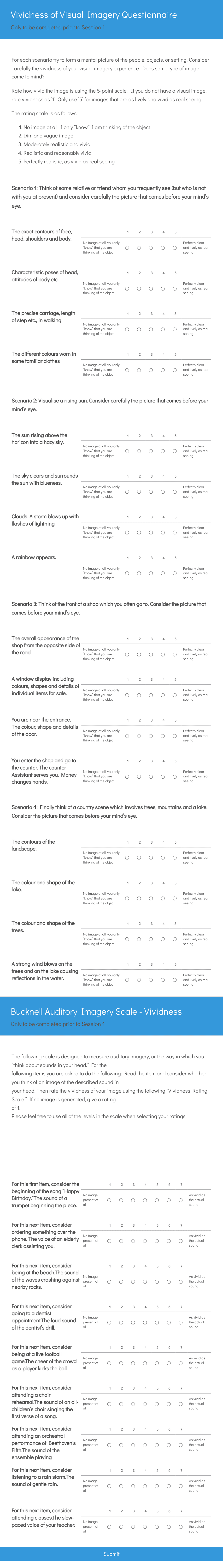 Vividness of Visual Imaginary Questionnaire (VVIQ) Form Template | Jotform