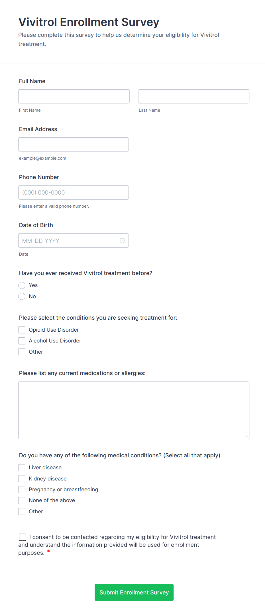 Vivitrol Enrollment Survey Form Template | Jotform