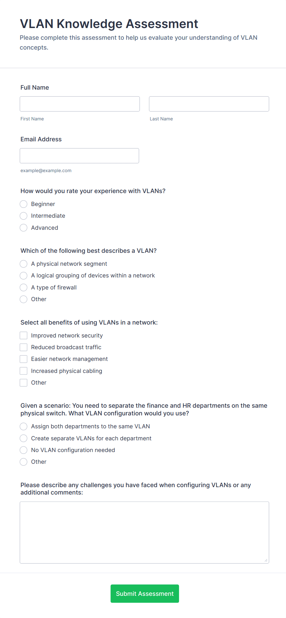 VLAN Knowledge Assessment Form Template | Jotform