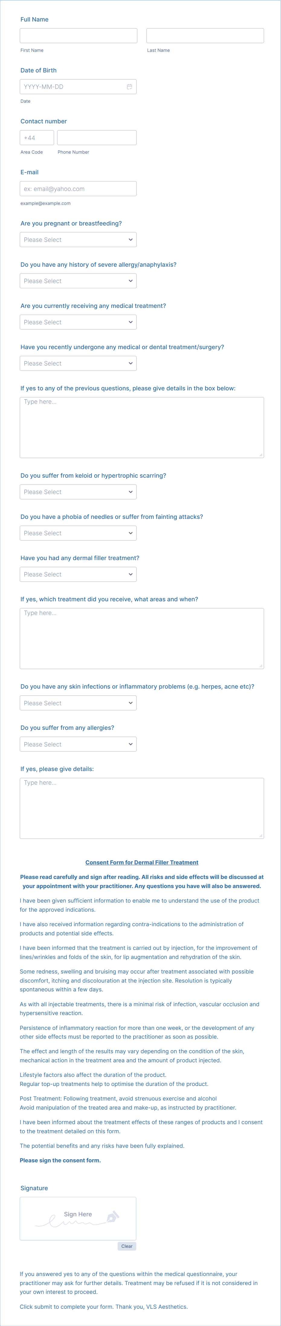 VLS Aesthetics Consent & Medical Questionnaire Form Template | Jotform