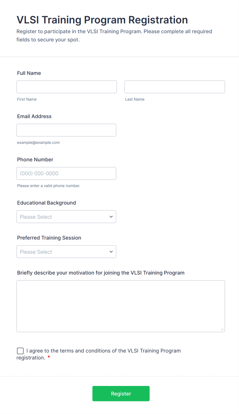 VLSI Training Program Registration Form Template | Jotform