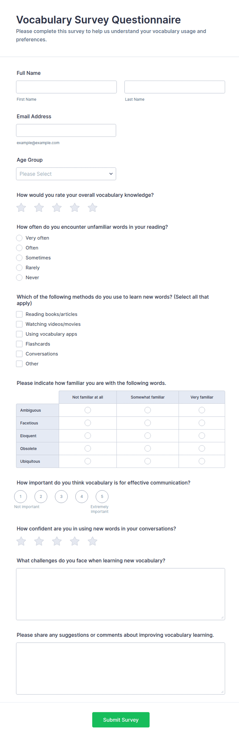Vocabulary Survey Questionnaire Form Template | Jotform