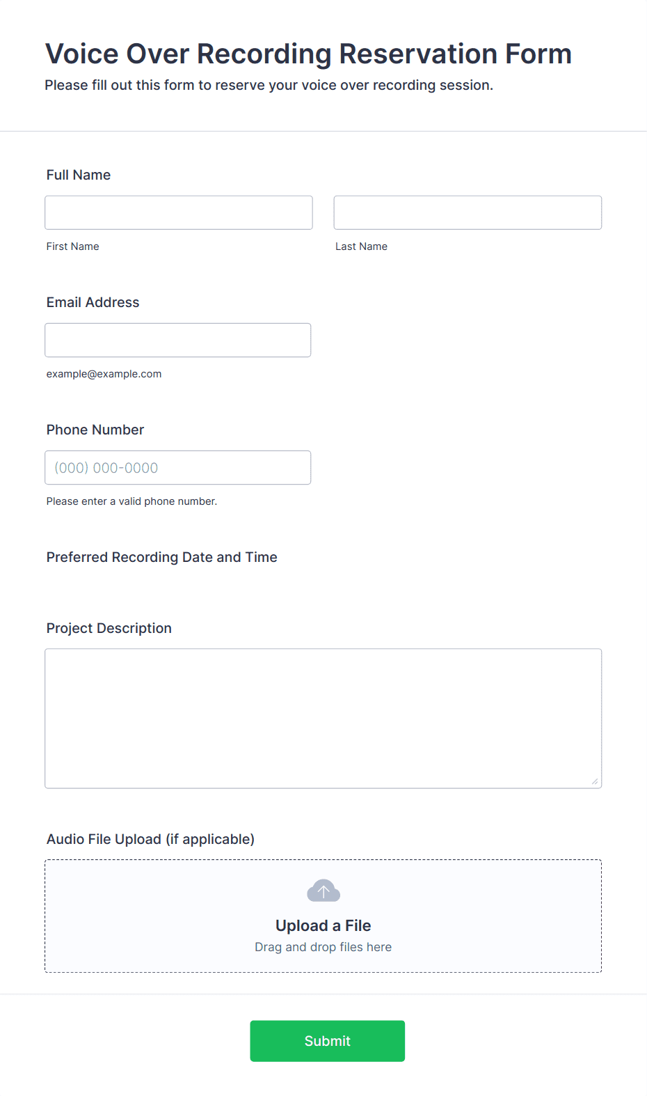Voice Over Recording Reservation Form Template | Jotform