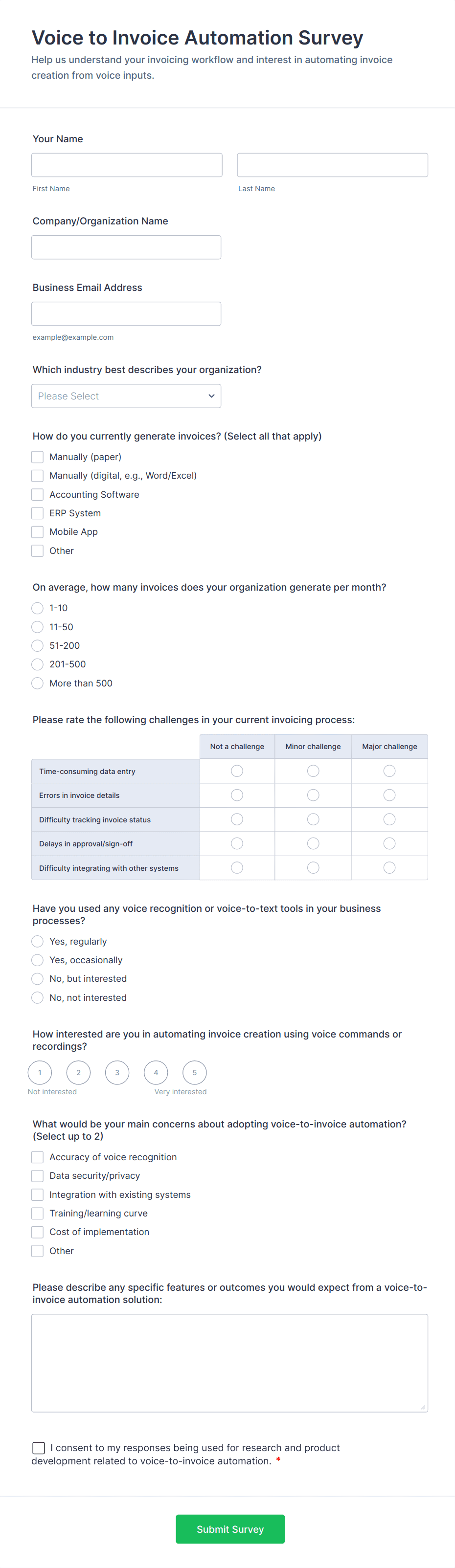 Voice to Invoice Automation Survey Form Template | Jotform
