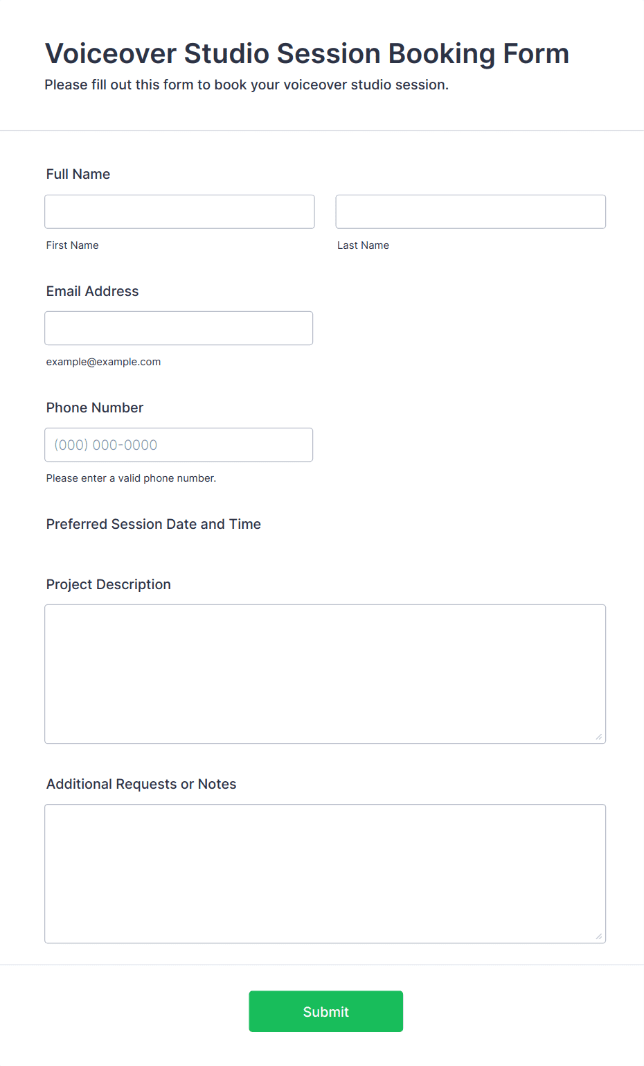Voiceover Studio Session Booking Form Template | Jotform