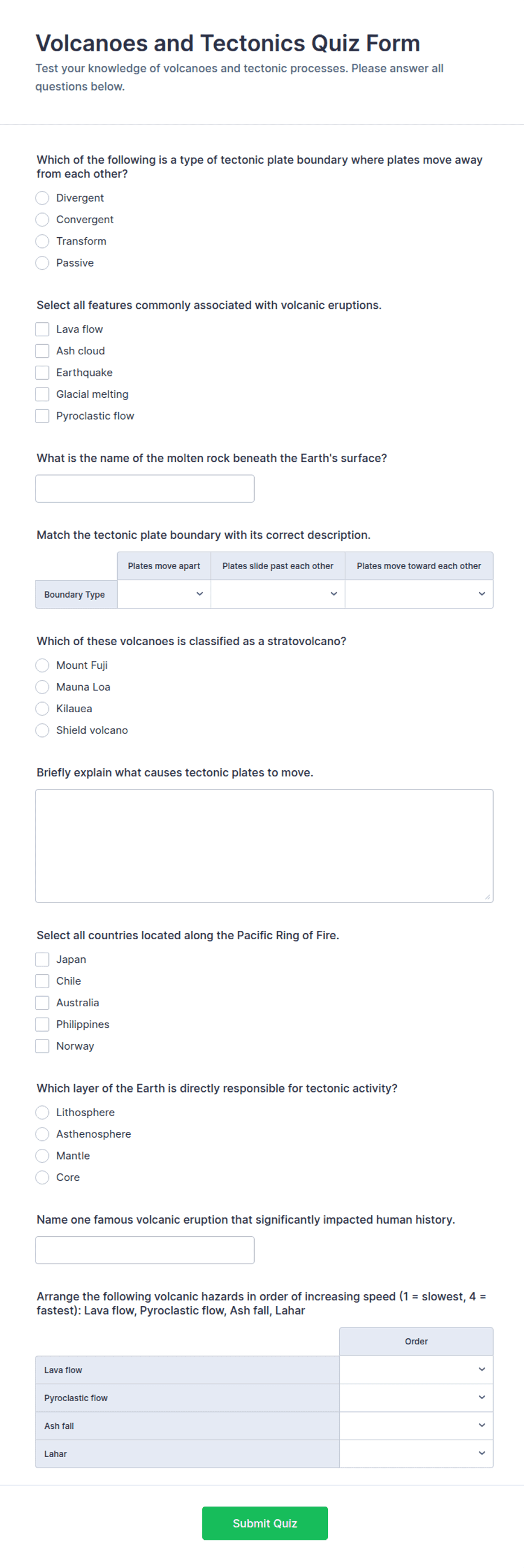 Volcanoes and Tectonics Quiz Form Template | Jotform