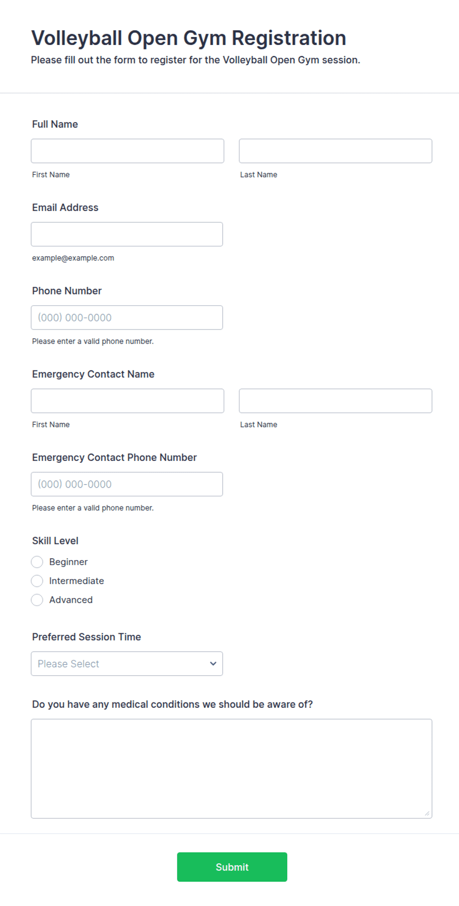 Volleyball Open Gym Registration Form Template | Jotform