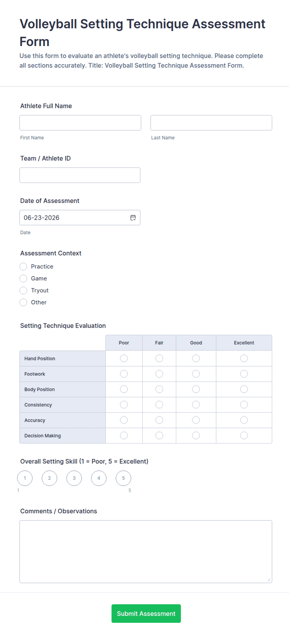Volleyball Setting Technique Assessment Form Template | Jotform