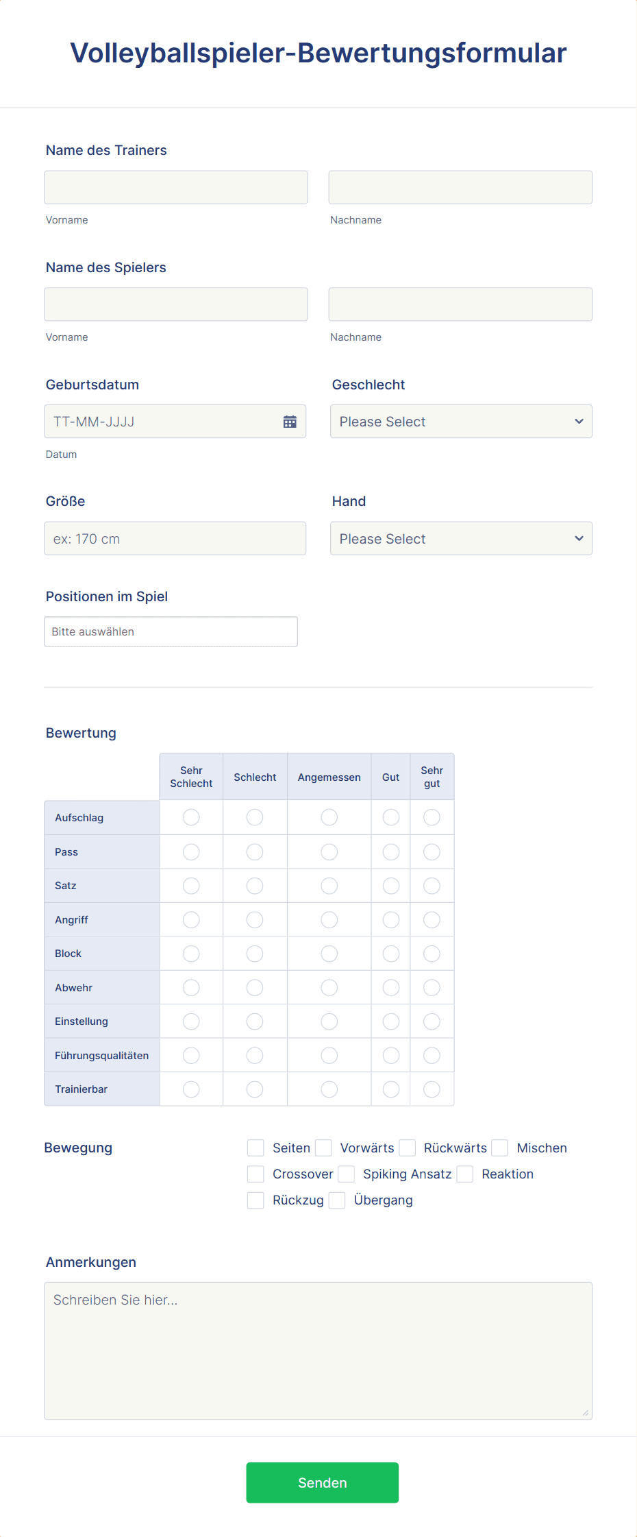 Volleyballspieler-Bewertungsformular Formularvorlage | Jotform