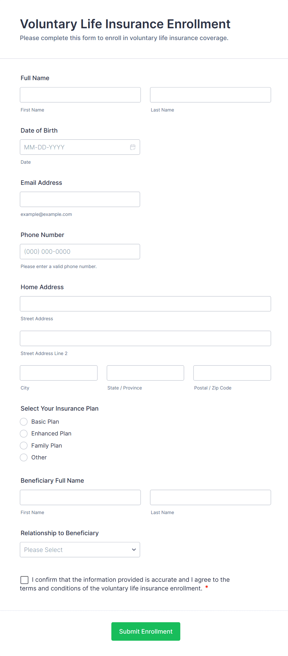 Voluntary Life Insurance Enrollment Form Template | Jotform