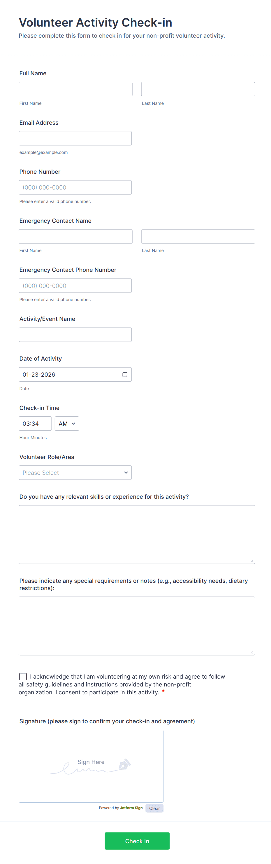 Volunteer Activity Check-in Form Template | Jotform