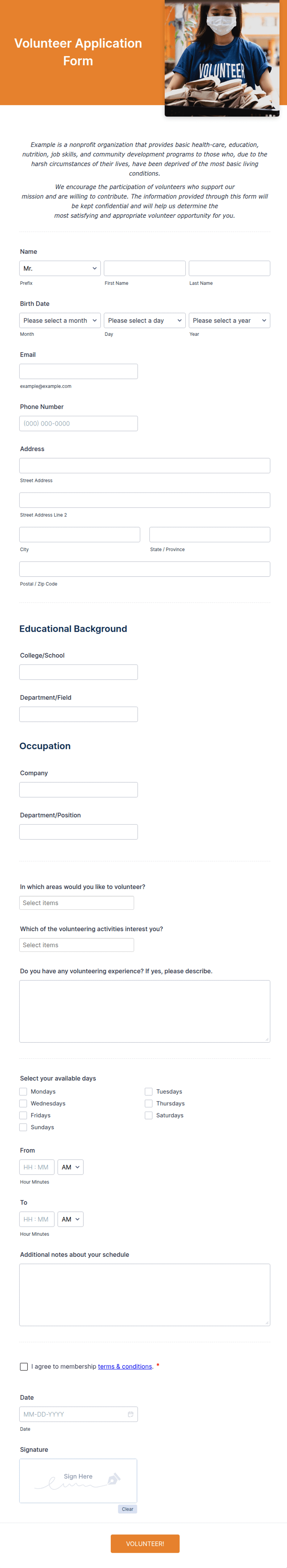 Volunteer Application Form for Non-Profit Form Template | Jotform