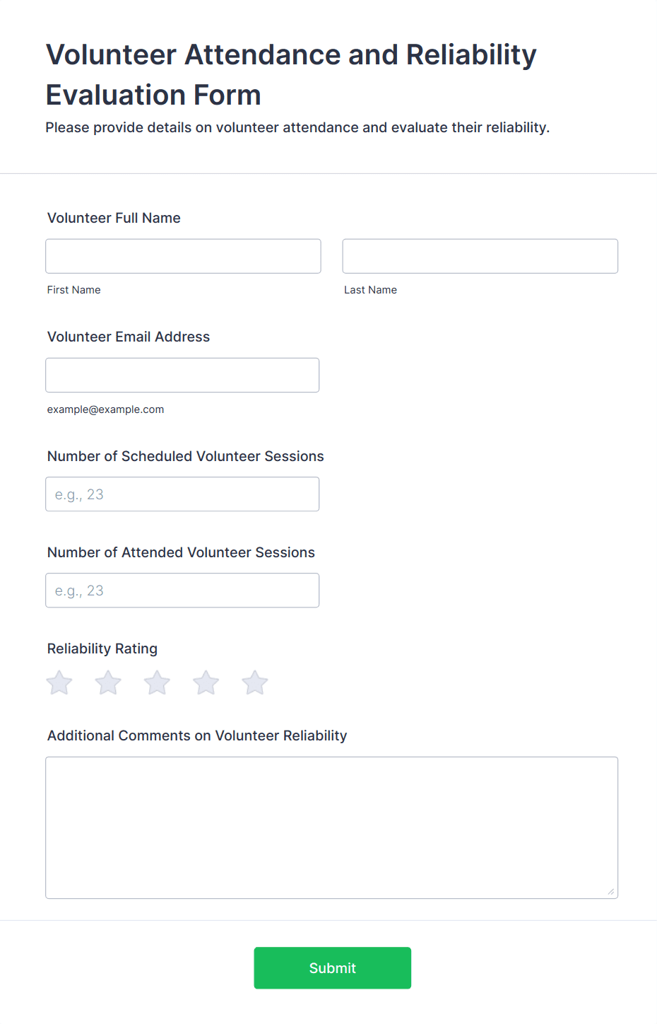Volunteer Attendance and Reliability Evaluation Form Template | Jotform