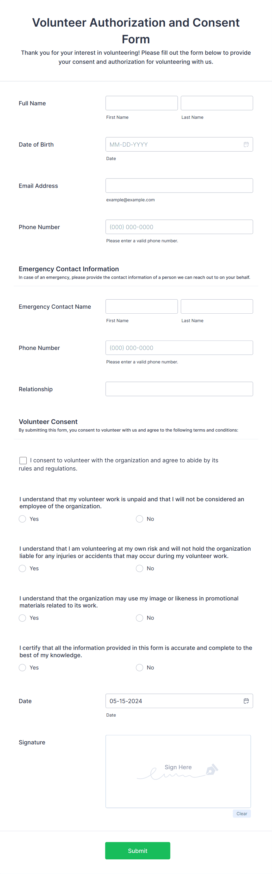 Volunteer Authorization and Consent Form Template | Jotform