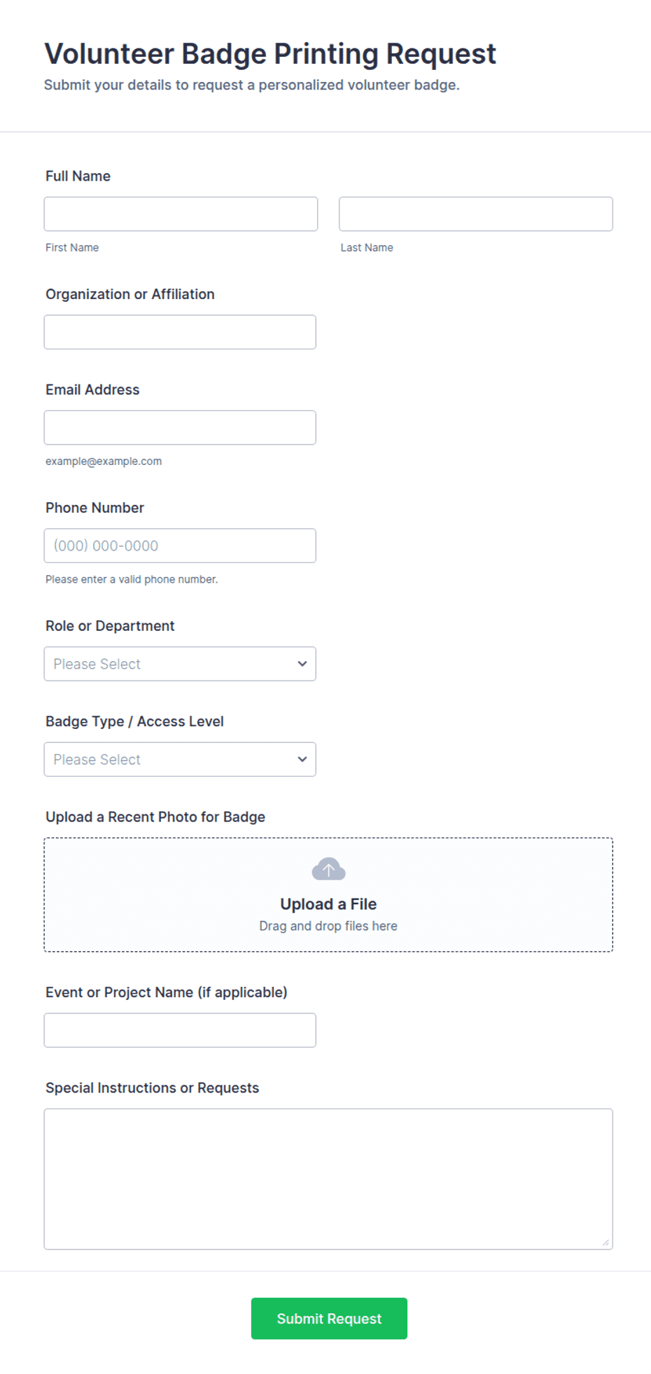 Volunteer Badge Printing Request Form Template | Jotform