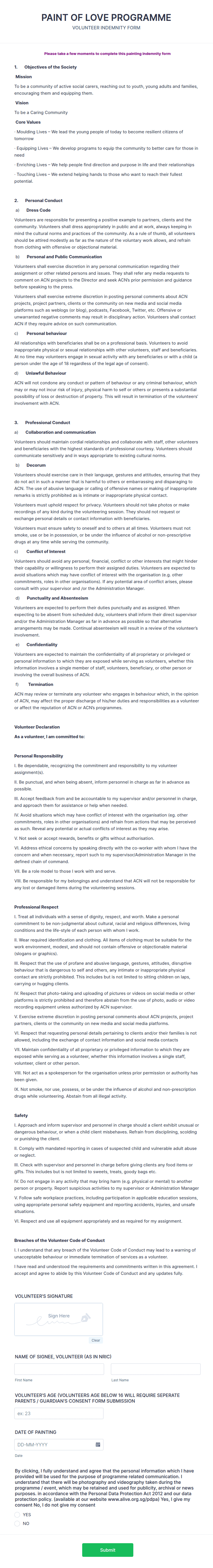 Volunteer Code Of Conduct Form (Volunteer's Acknowledgement) Form ...
