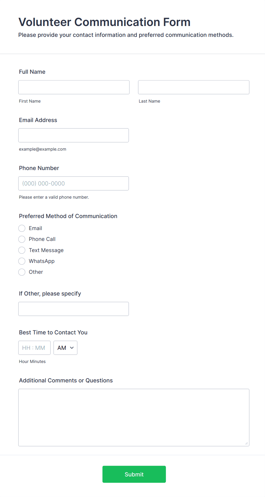 Volunteer Communication Form Template | Jotform