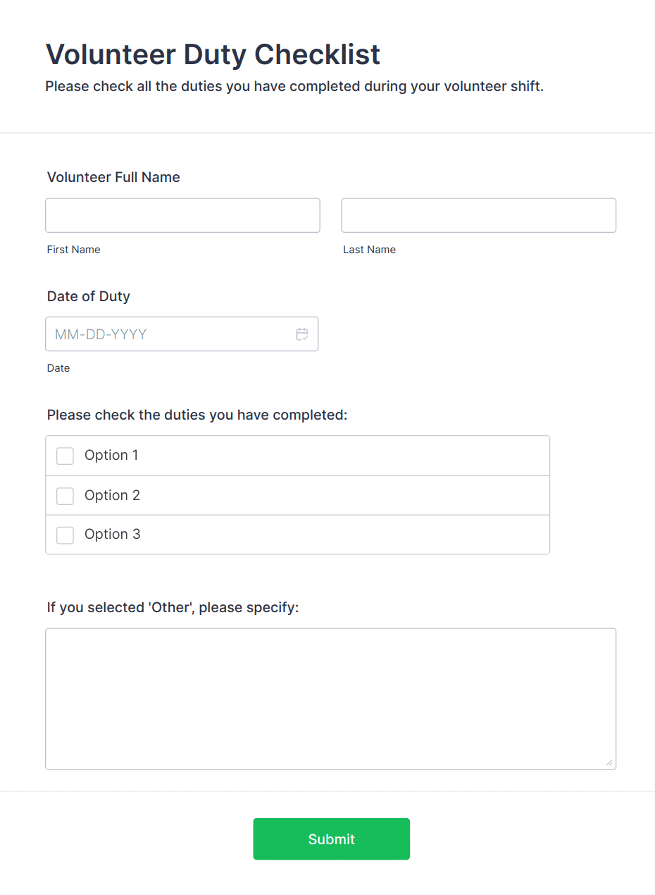 Volunteer Duty Checklist Form Template | Jotform
