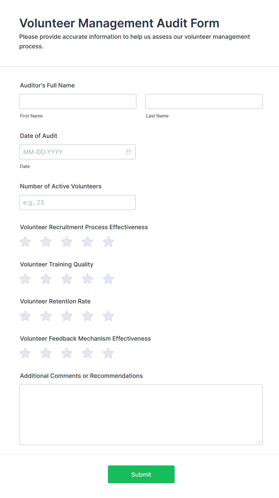 Volunteer Management Audit Form Template | Jotform