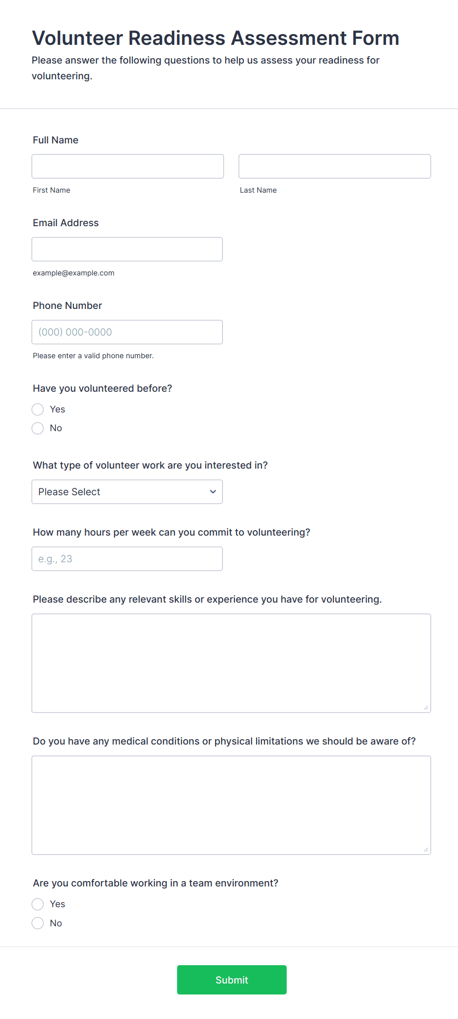 Volunteer Readiness Assessment Form Template | Jotform