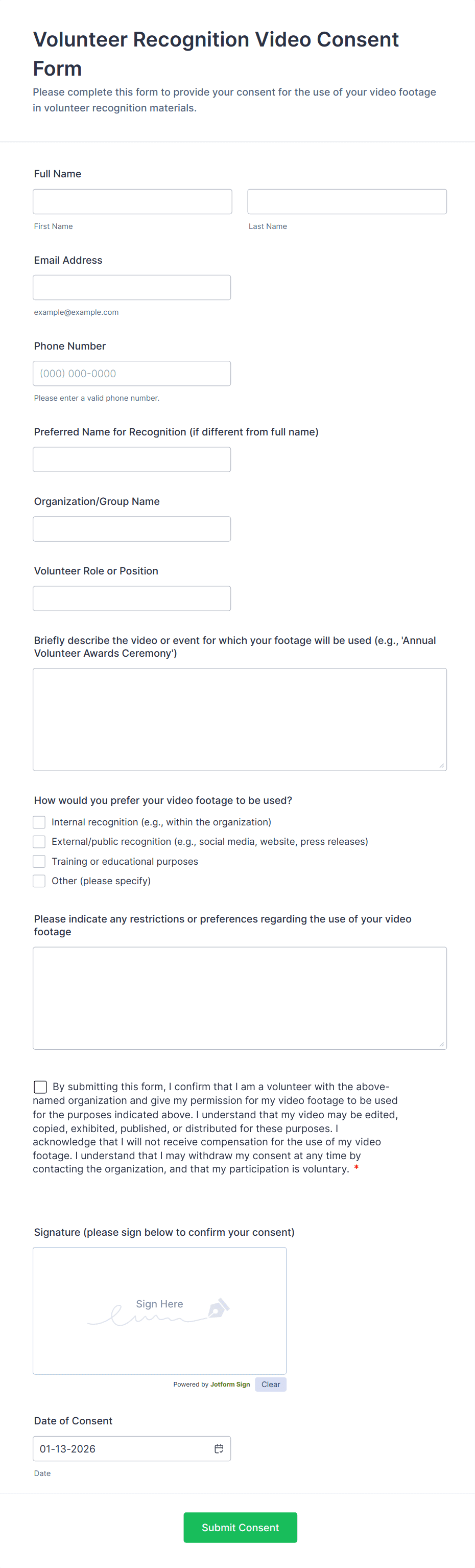 Volunteer Recognition Video Consent Form Template | Jotform