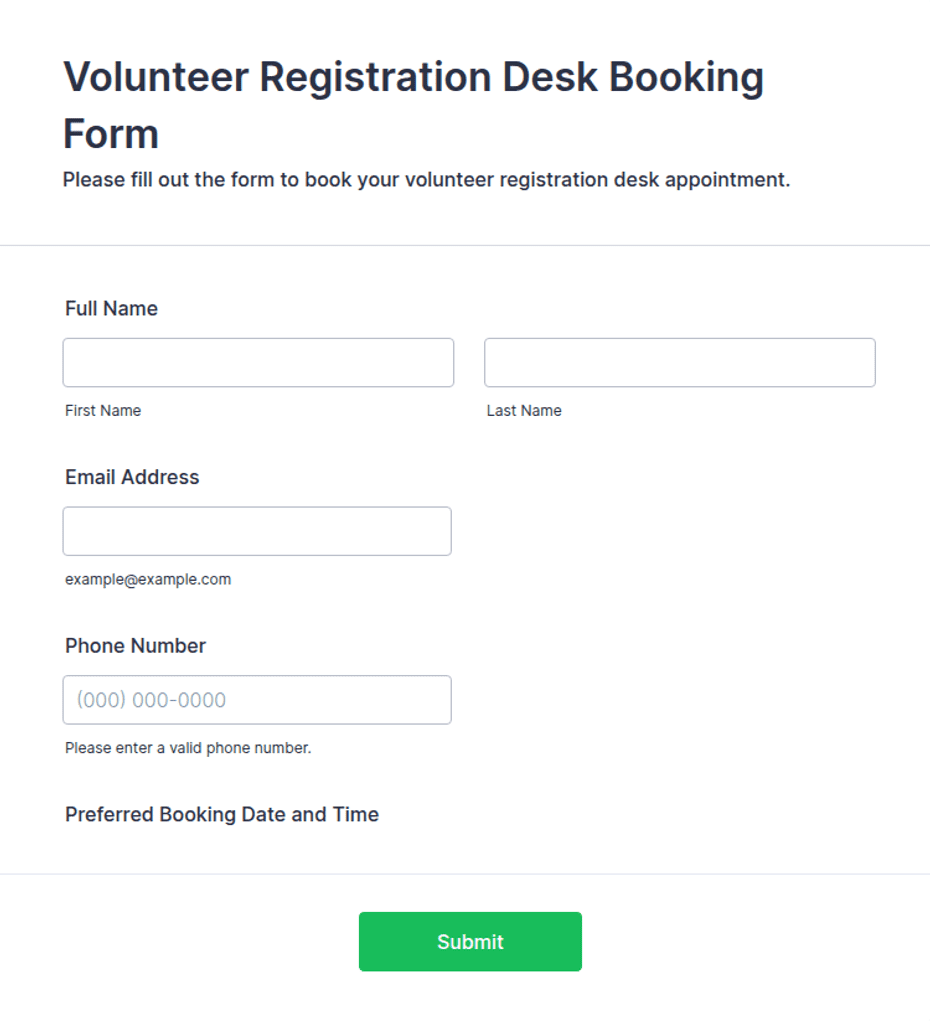Volunteer Registration Desk Booking Form Template | Jotform