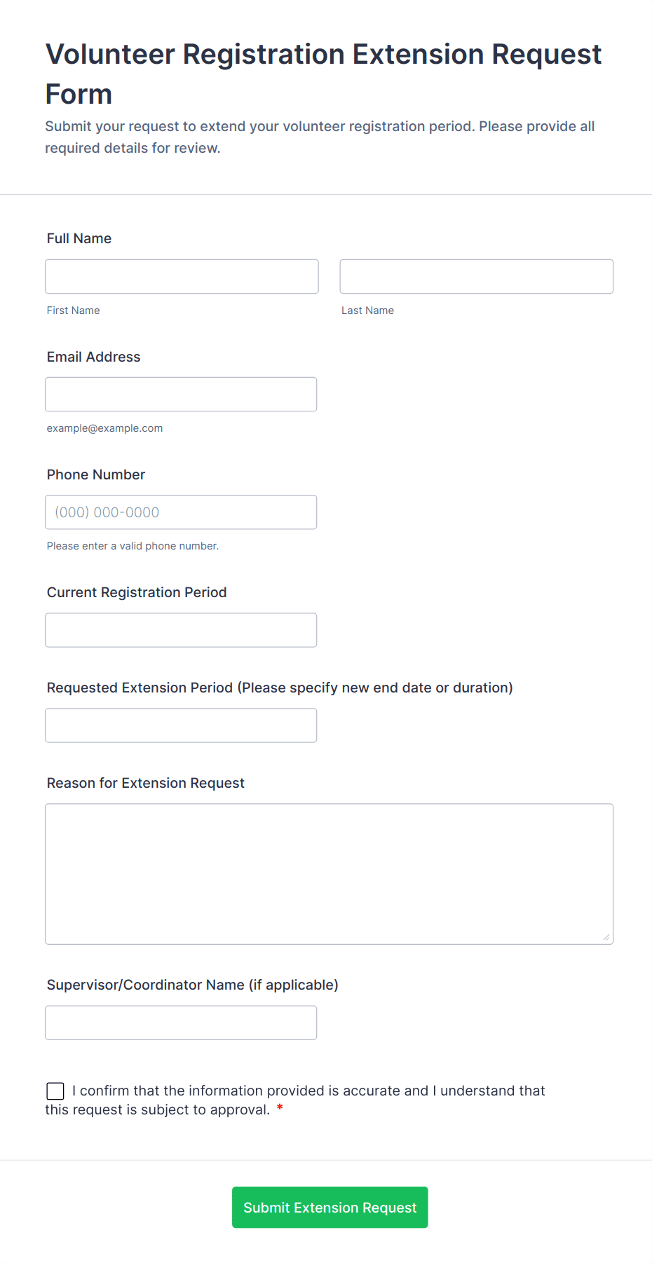 Volunteer Registration Extension Request Form Template | Jotform
