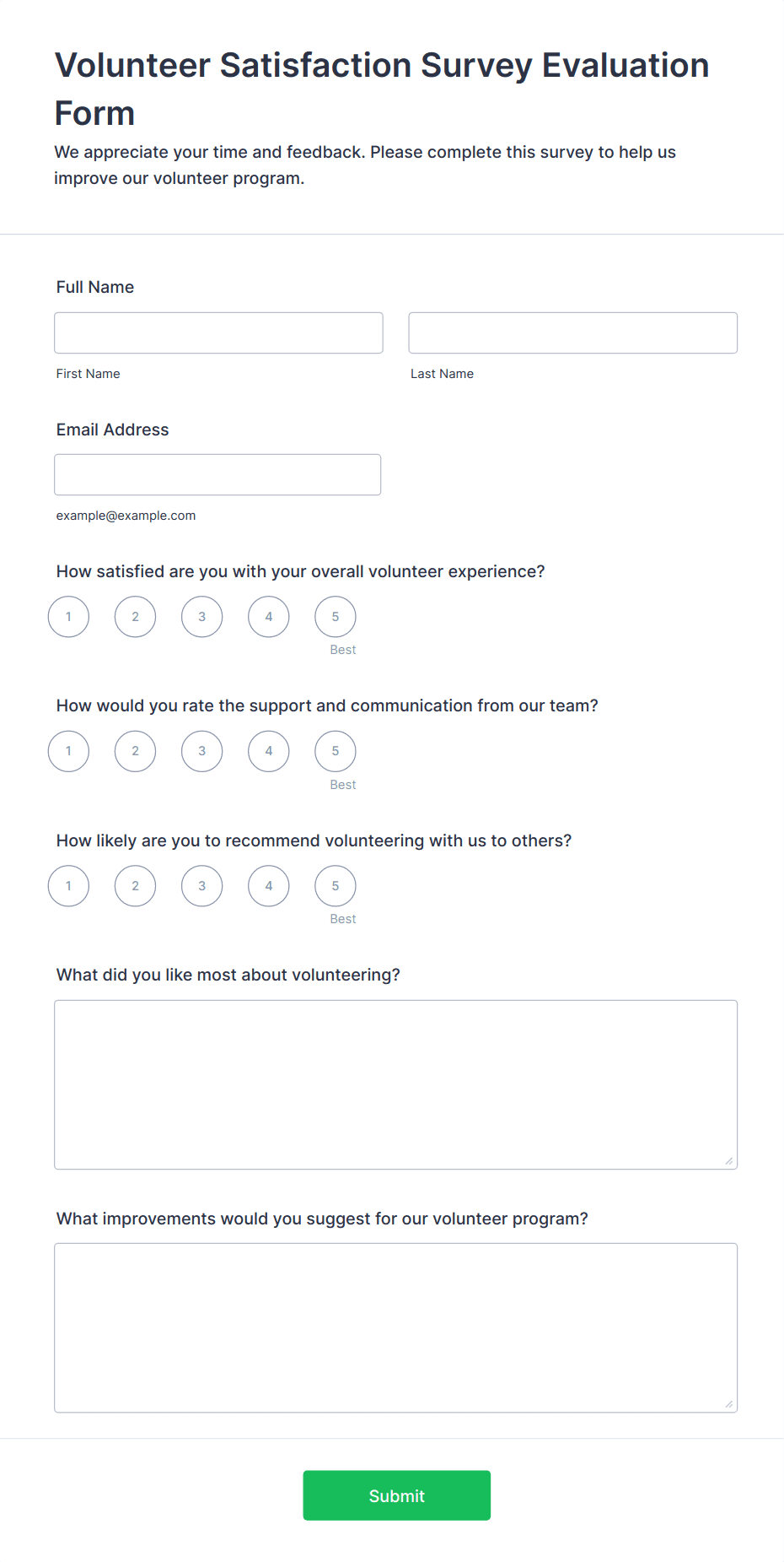 Volunteer Satisfaction Survey Evaluation Form Template | Jotform