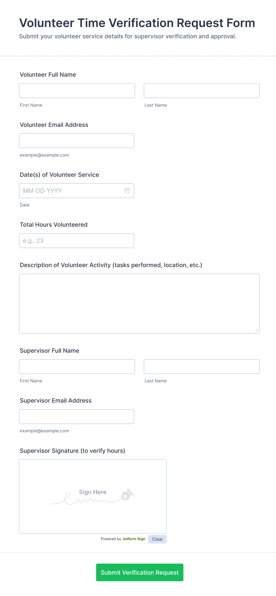 Volunteer Time Verification Request Form Template | Jotform