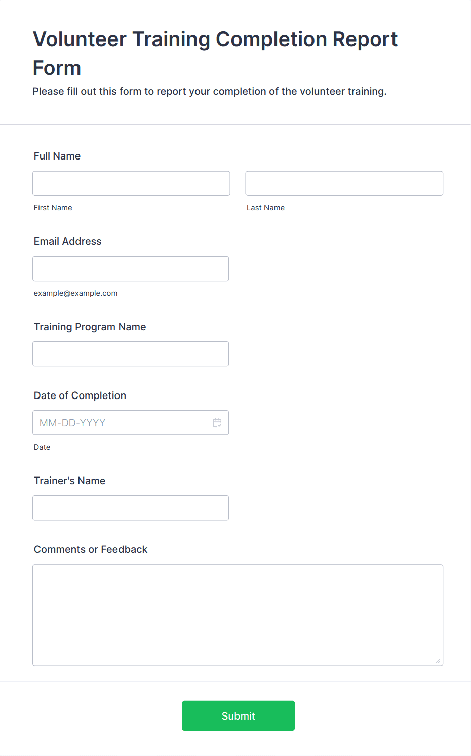 Volunteer Training Completion Report Form Template | Jotform
