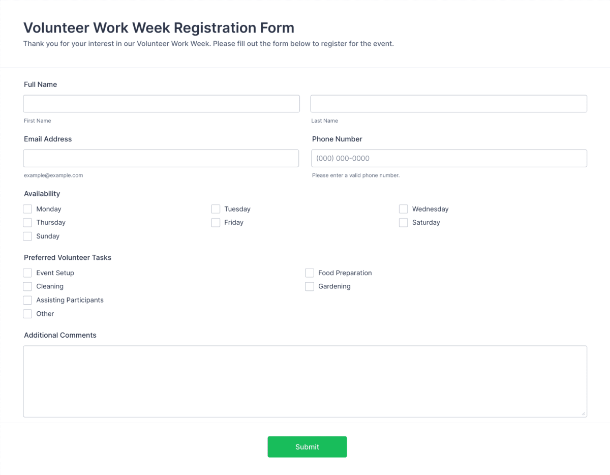 Volunteer Work Week Registration Form Template | Jotform