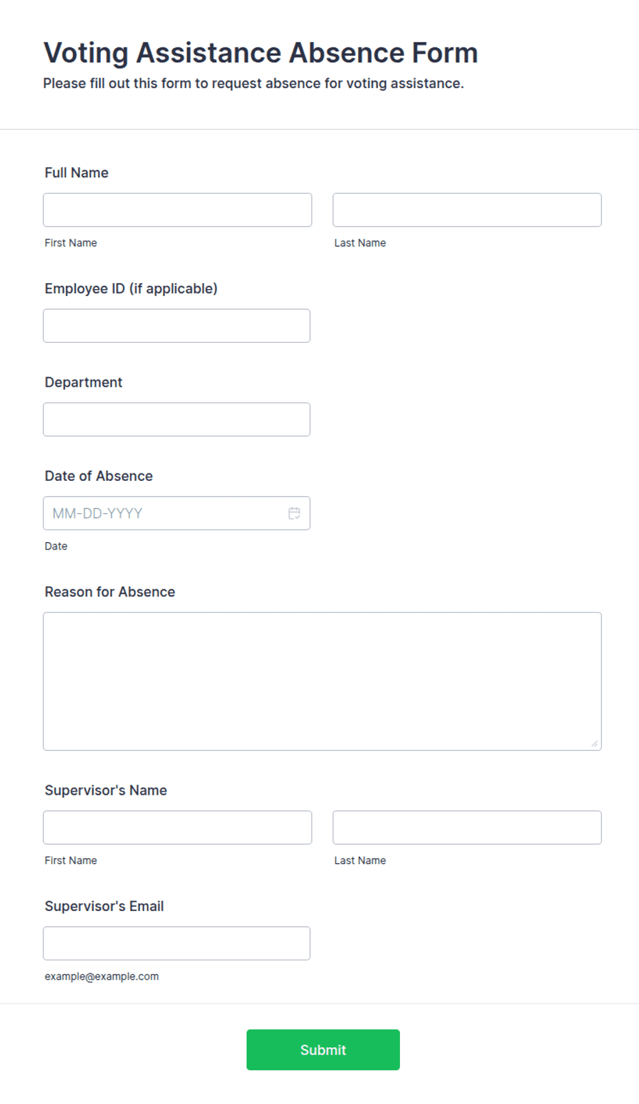 Voting Assistance Absence Form Template | Jotform