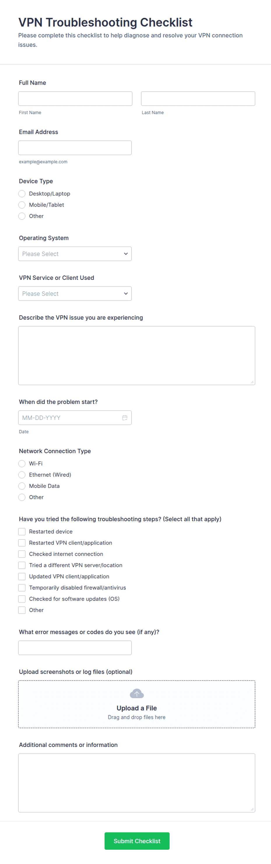 VPN Troubleshooting Checklist Form Template | Jotform