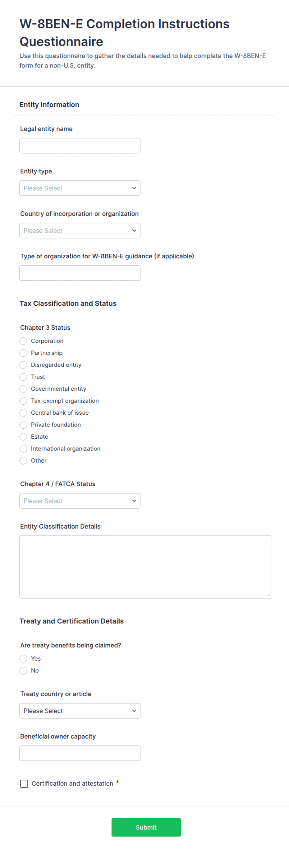 W-8BEN-E Completion Instructions Questionnaire Form Template | Jotform