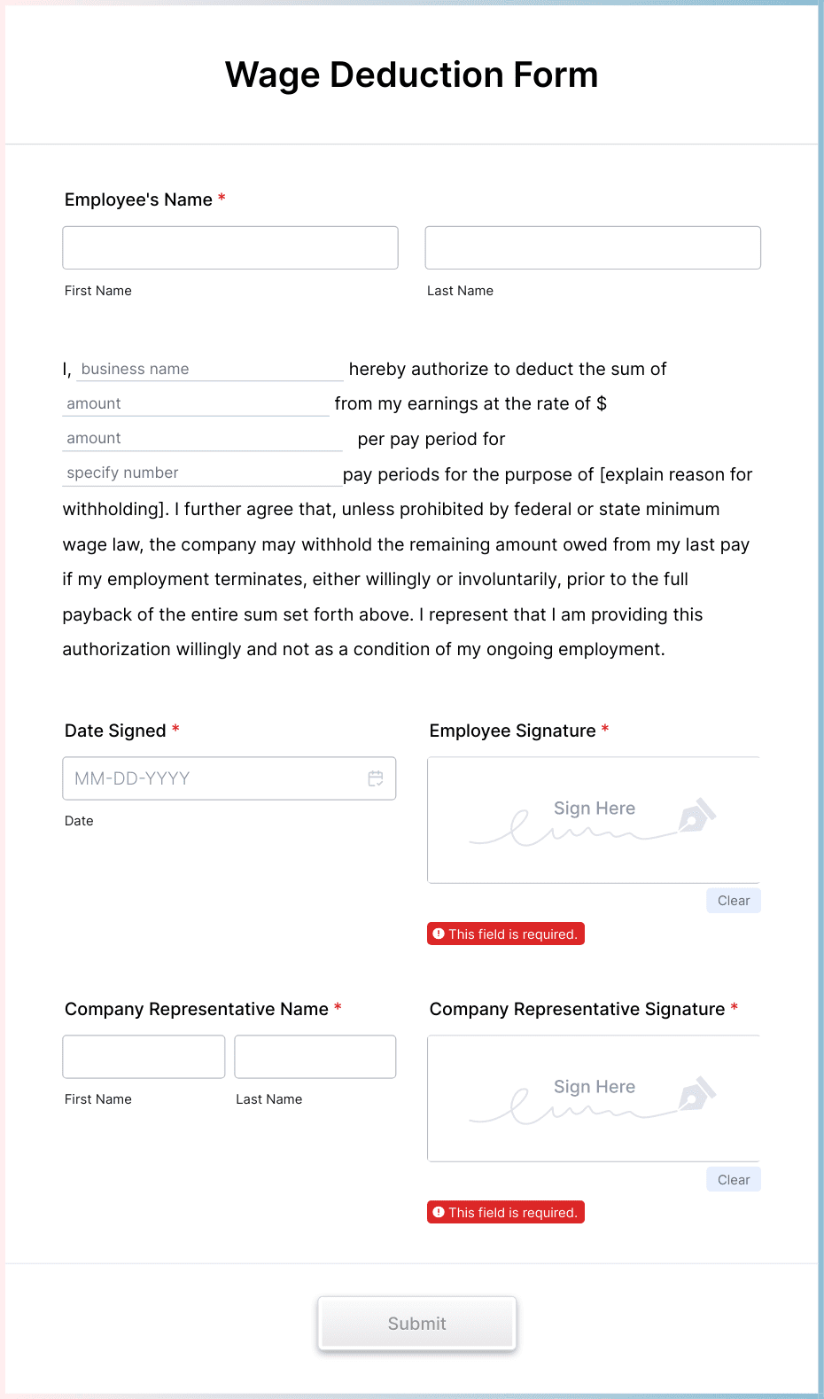 Wage Deduction Form Template | Jotform