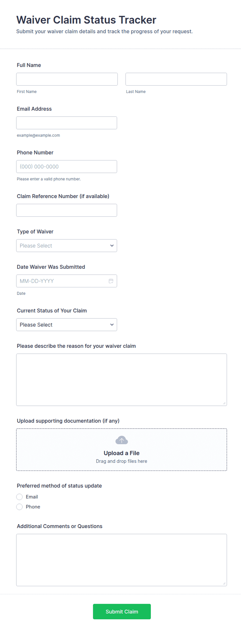 Waiver Claim Status Tracker Form Template | Jotform