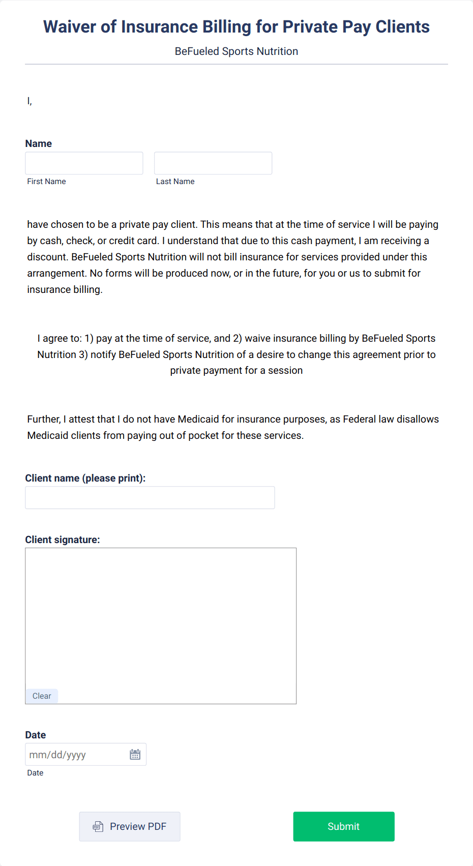 Waiver of Insurance Billing for Private Pay Clients Form Template | Jotform