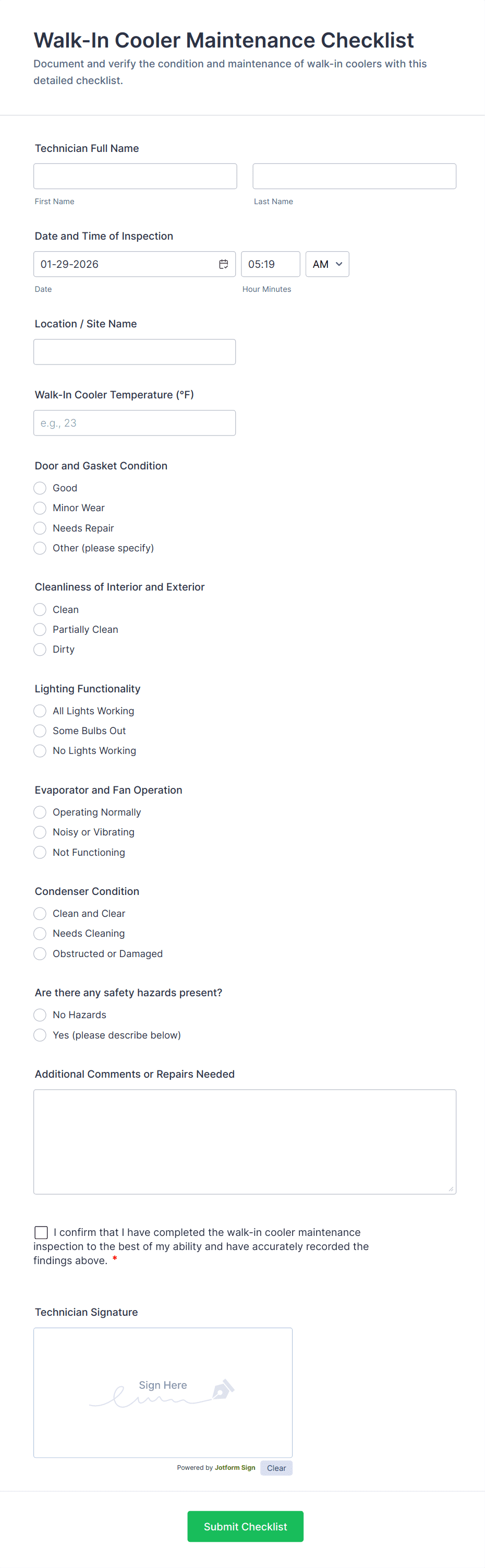 Walk-In Cooler Maintenance Checklist Form Template | Jotform