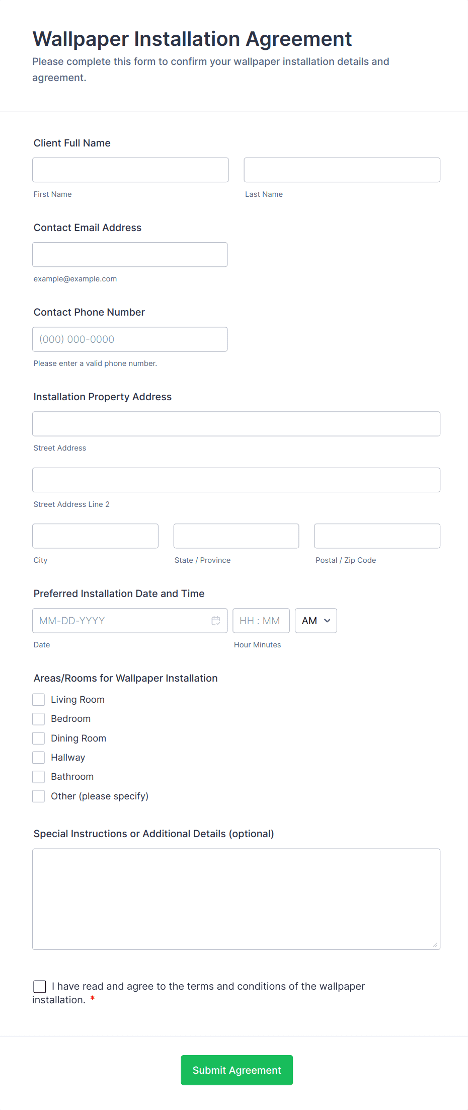 Wallpaper Installation Agreement Form Template | Jotform