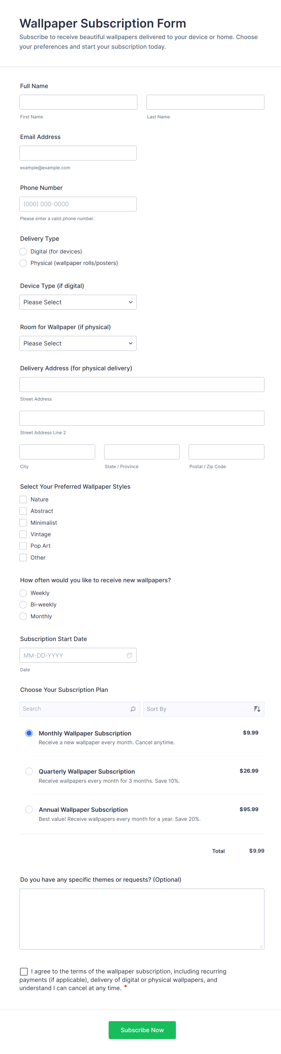 Wallpaper Subscription Form Template | Jotform