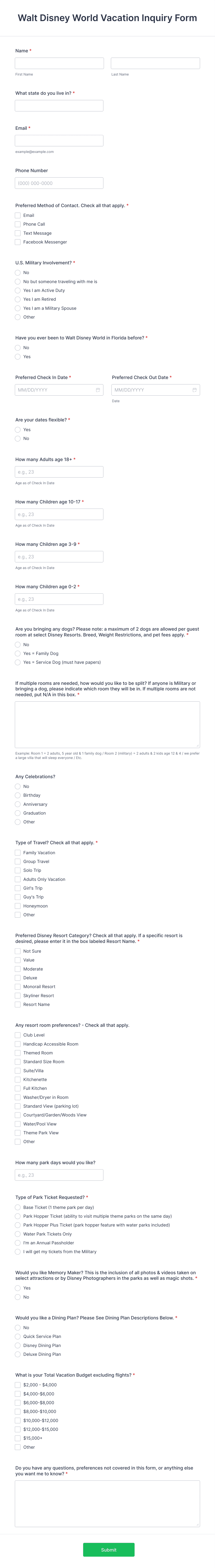 Walt Disney World Vacation Inquiry Form Template | Jotform
